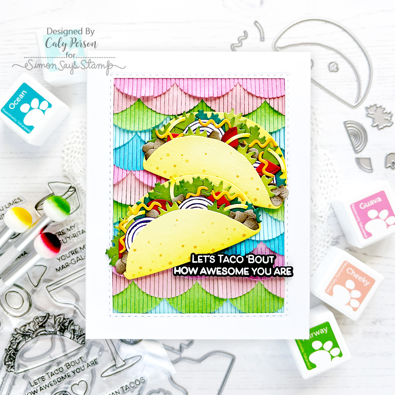 The taco and toppings are all die-cut from colored cardstock and then ...