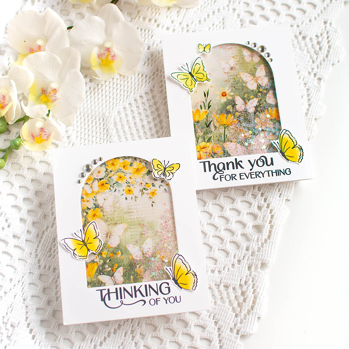 Butterfly Window Shaker Cards featuring our April 2025 Card Kit!