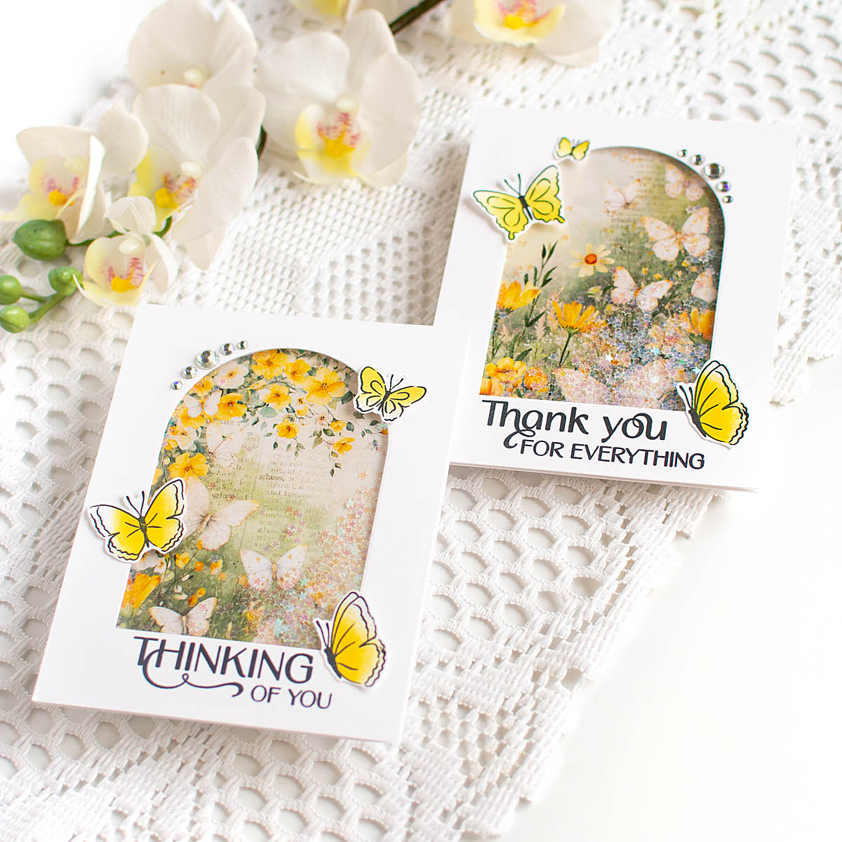 Butterfly Window Shaker Cards featuring our April 2025 Card Kit!